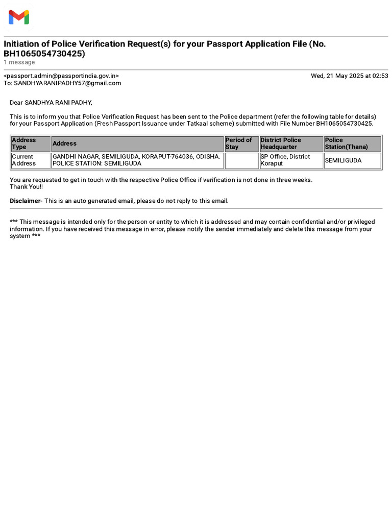 Gmail - Initiation of Police Verification Request(s) For Your Passport ...