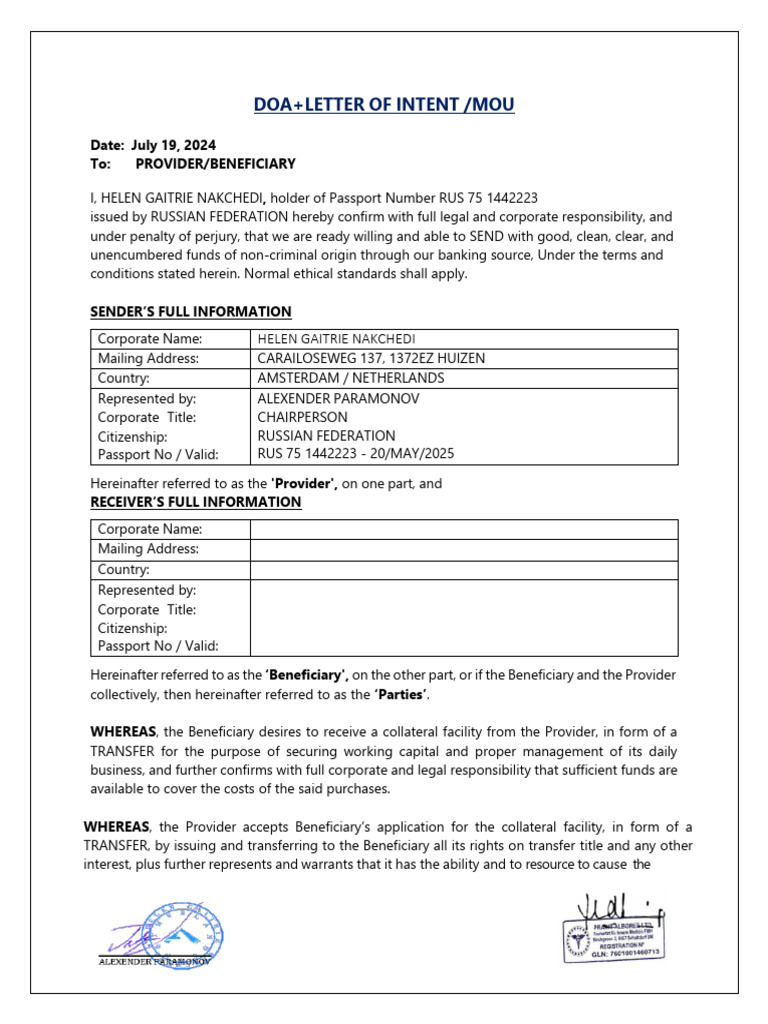 DOA Letter of Intent for Fund Transfer | PDF | Wire Transfer | Banks