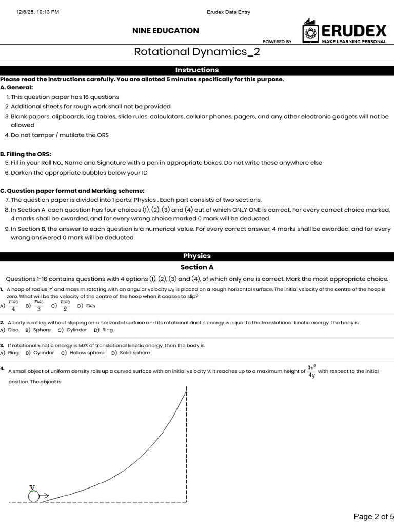 Rotational Dynamics Exam Instructions | PDF | Acceleration | Sphere