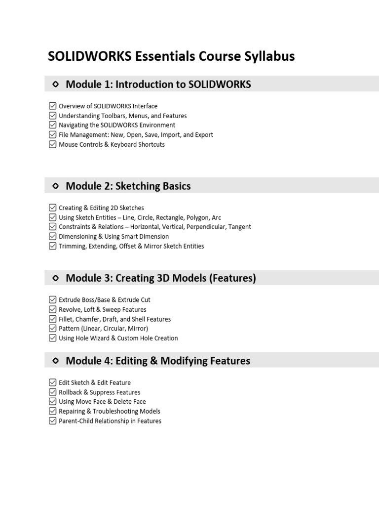 SOLIDWORKS Essentials Course Syllabus | PDF