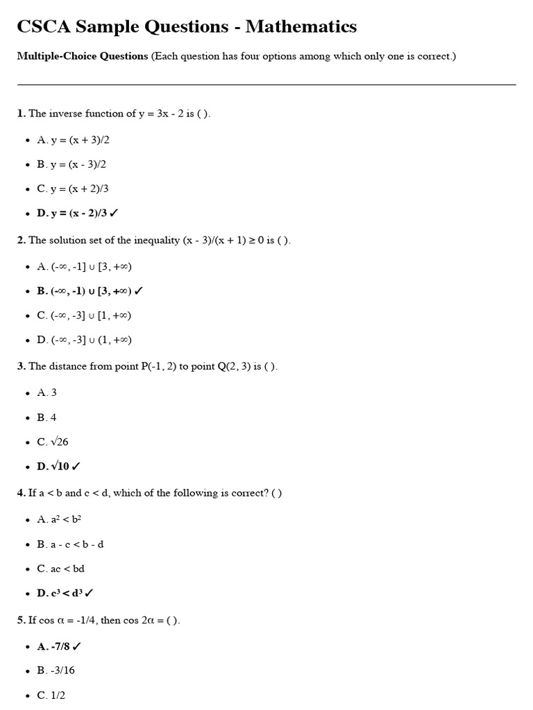 CSCA Mathematics Sample Questions - English Translation | PDF ...