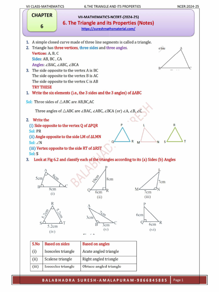 VII NCERT2024 25 Mathematics 6. The Triangle and Its Properties Notes | PDF