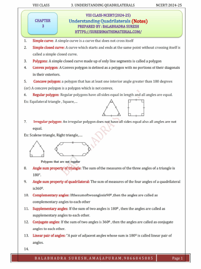 VIII NCERT2024!25!3.Understanding Quadrilaterals Notes Wbimg | PDF