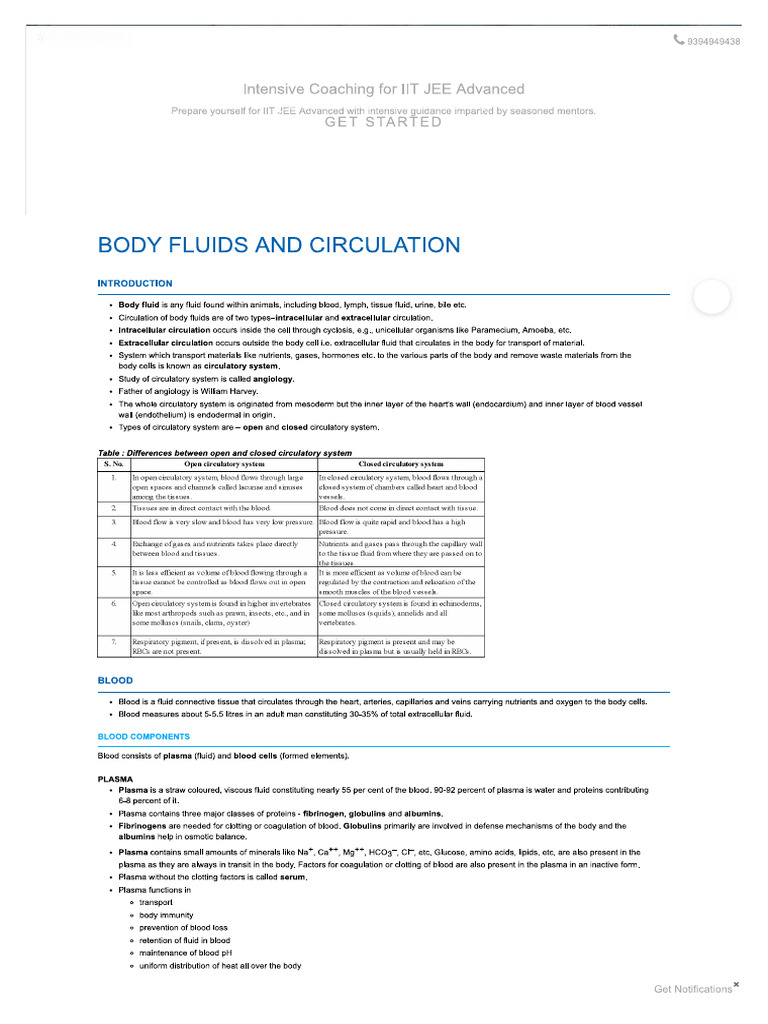 Body Fluids and Circulation - Biology | PDF