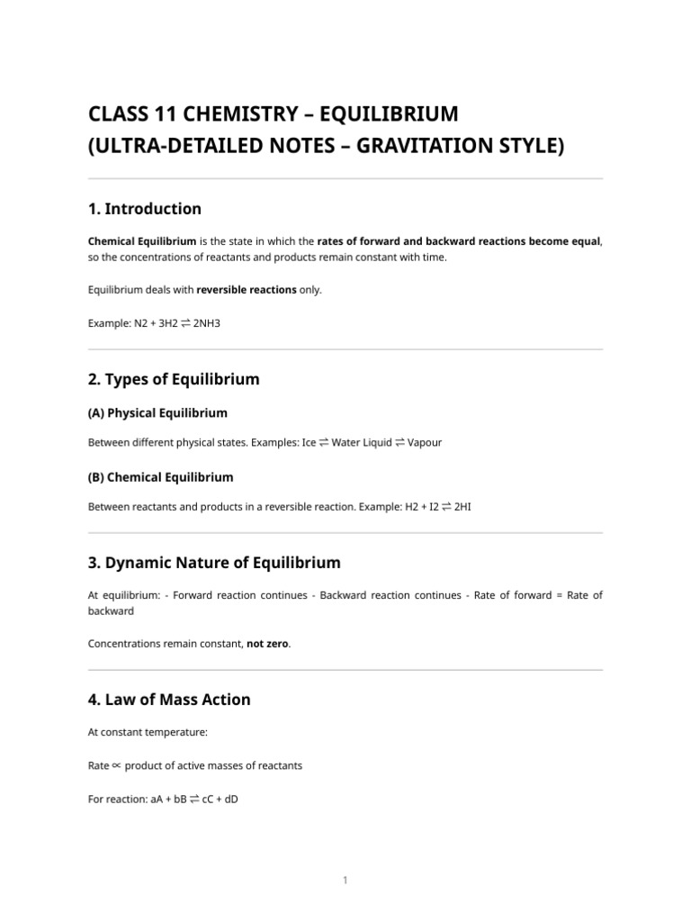 Chemistry Equilibrium Ultra Detailed Notes | PDF | Chemical Equilibrium ...