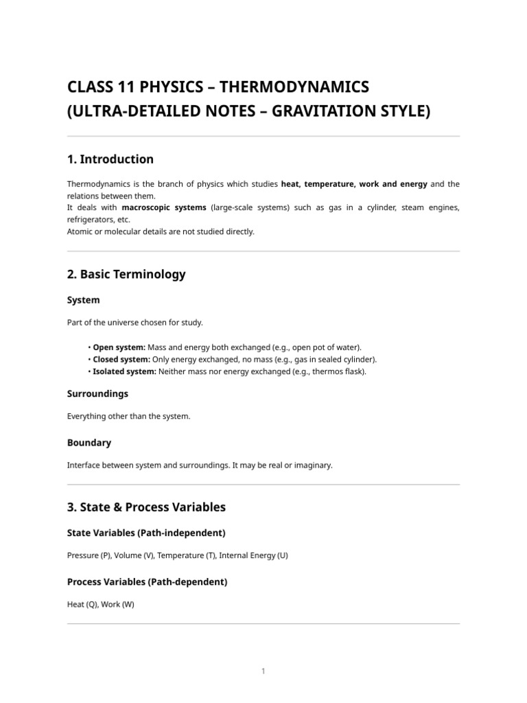 Class 11 Thermodynamics Notes | PDF | Thermodynamic Equilibrium | Heat