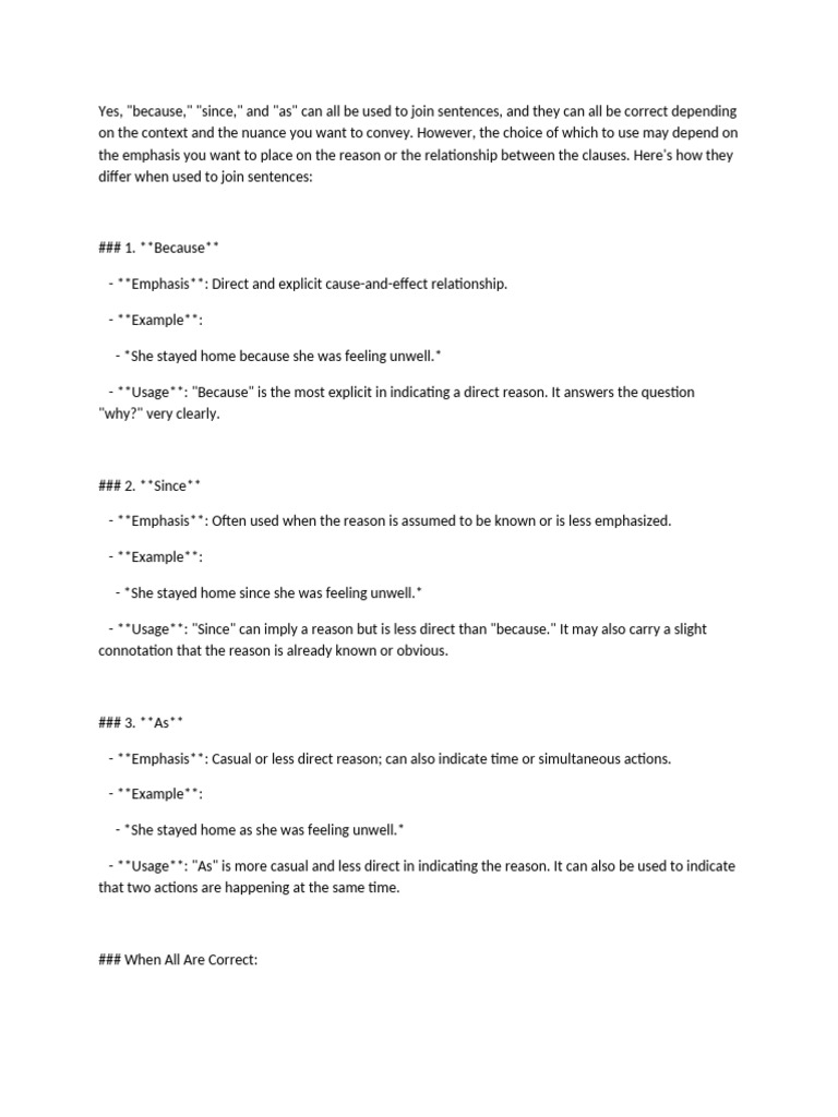 Using Because, Since, and As in Sentences | PDF