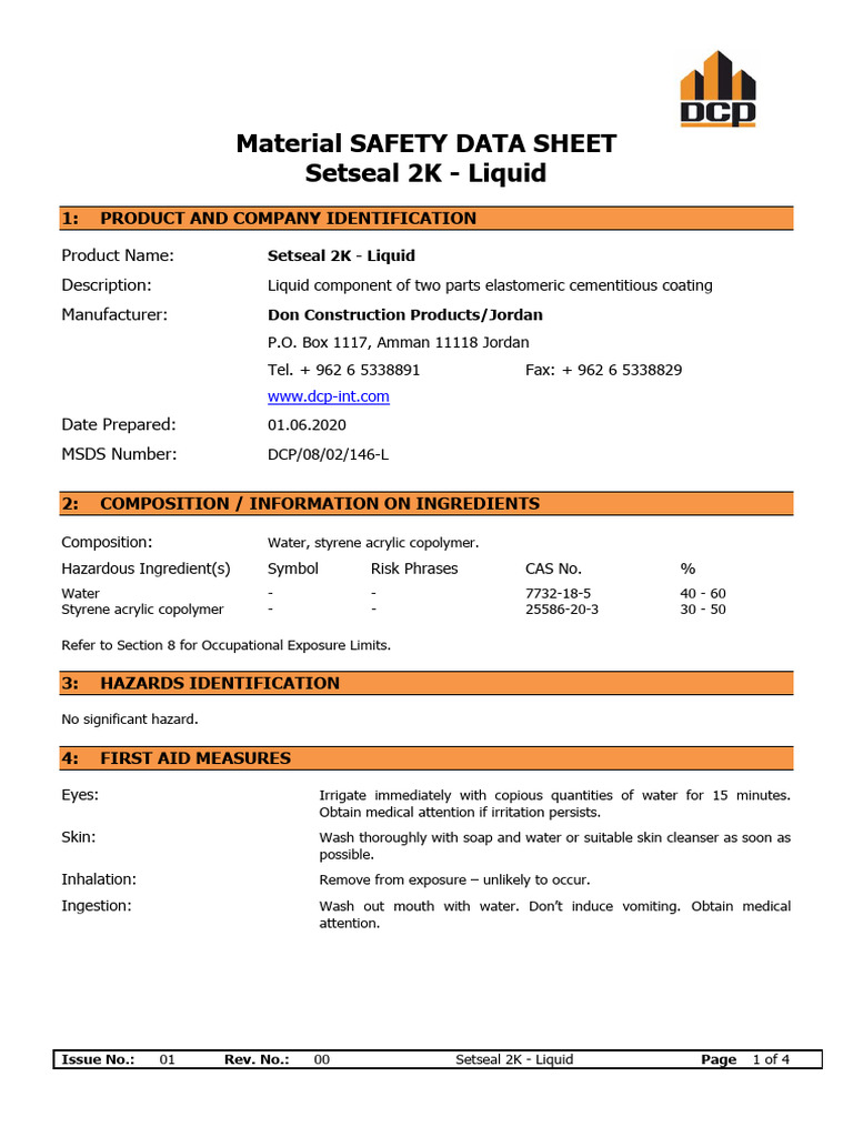 Setseal 2K - Liquid_MSDS | PDF | Water | Toxicity
