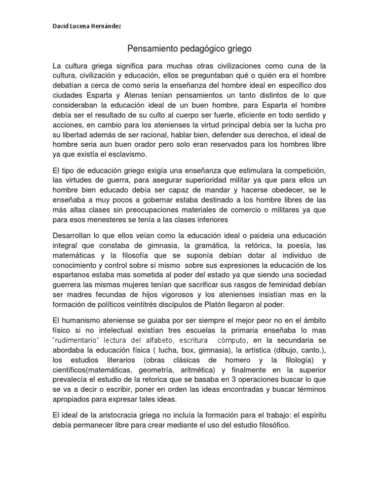 Pensamiento Pedagógico Griego | Descargar gratis PDF | Antigua Grecia | Esparta