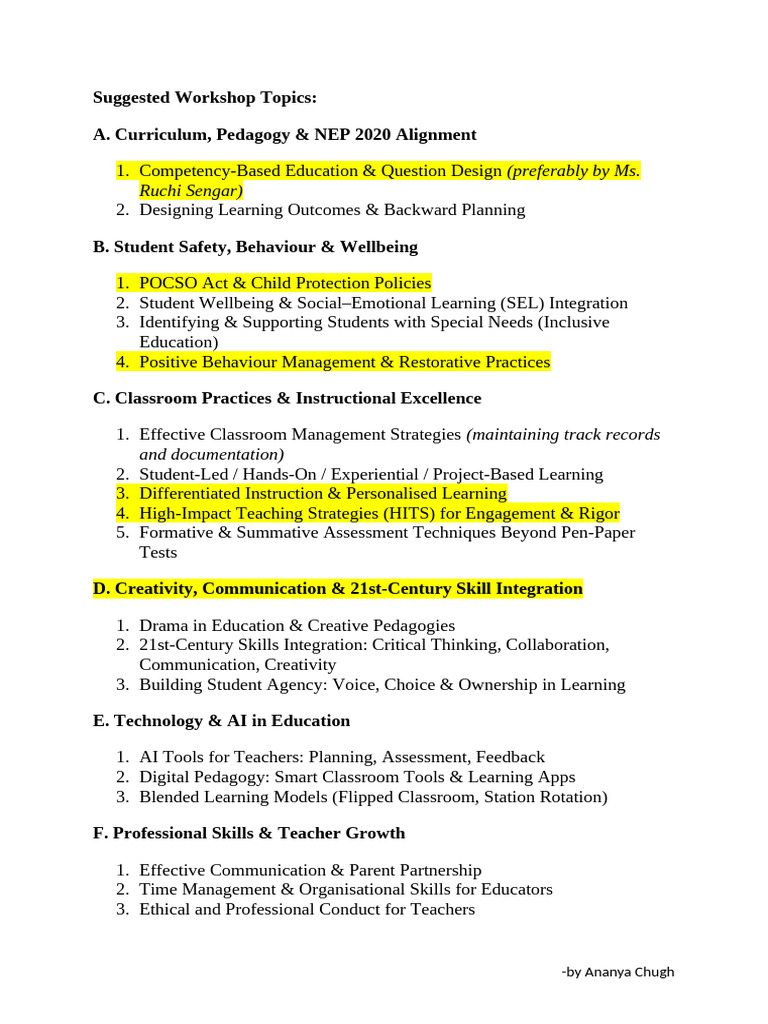Suggested Teacher Workshops | PDF
