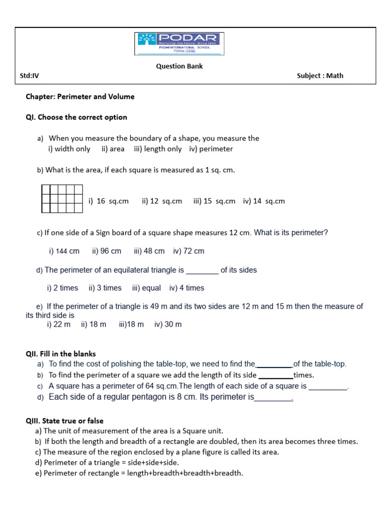 Math Question Bank: Perimeter & Volume | PDF | Area | Geometric Shapes