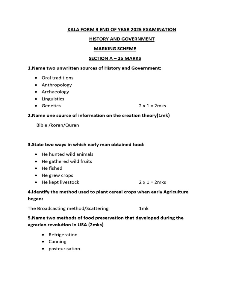 Kala End of Year History Pp2 Form 3 2025 Marking Scheme 2025 | PDF ...