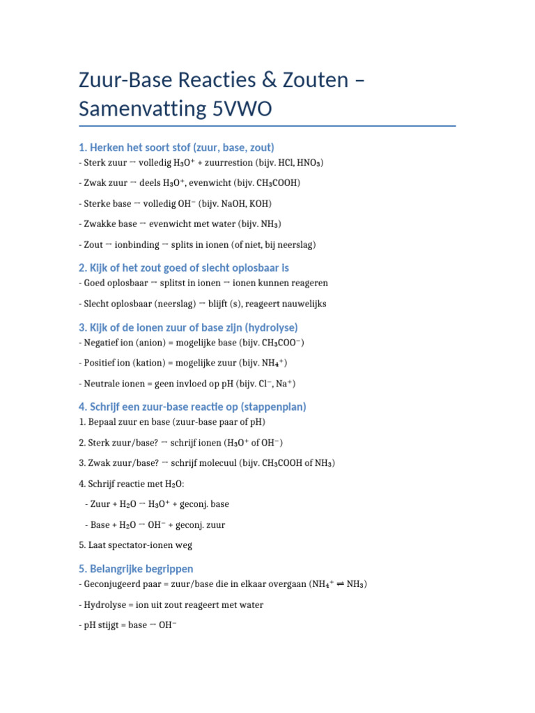 Zuur-Base Samenvatting 5VWO | PDF