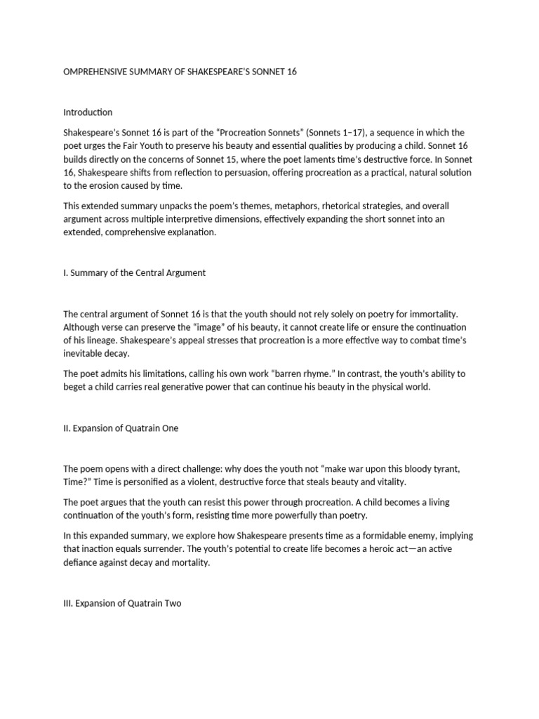 Omprehensive Summary of Shakespeare | PDF | Poetry | Sonnets