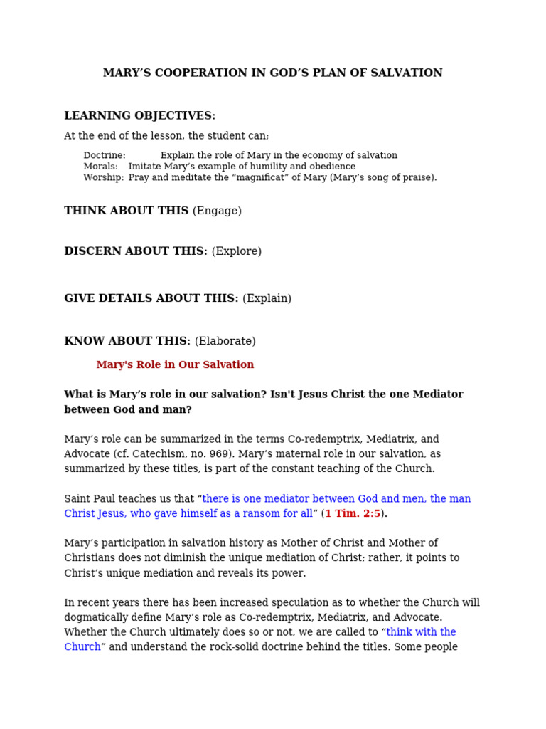 Rs 1 Lesson 7 Mary s Cooperation in God s Plan of Salvation | PDF ...