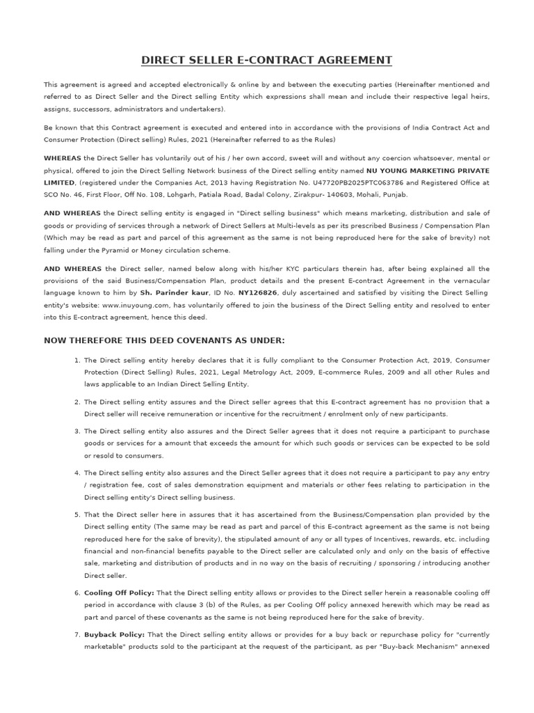 Direct Seller E-Contract Agreement | PDF | Indemnity | Business