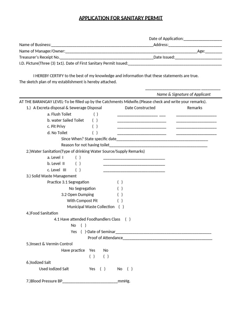 Application for Sanitary Permit | PDF | Sanitation | Toilet