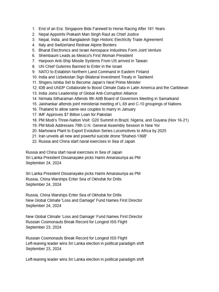 International News 2024 Till 8 Oct | PDF