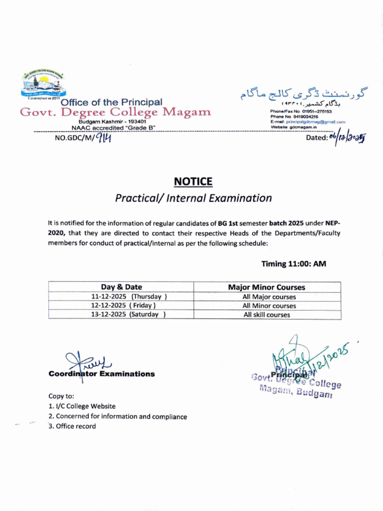 Practical Exam Schedule for BG 1st Semester | PDF