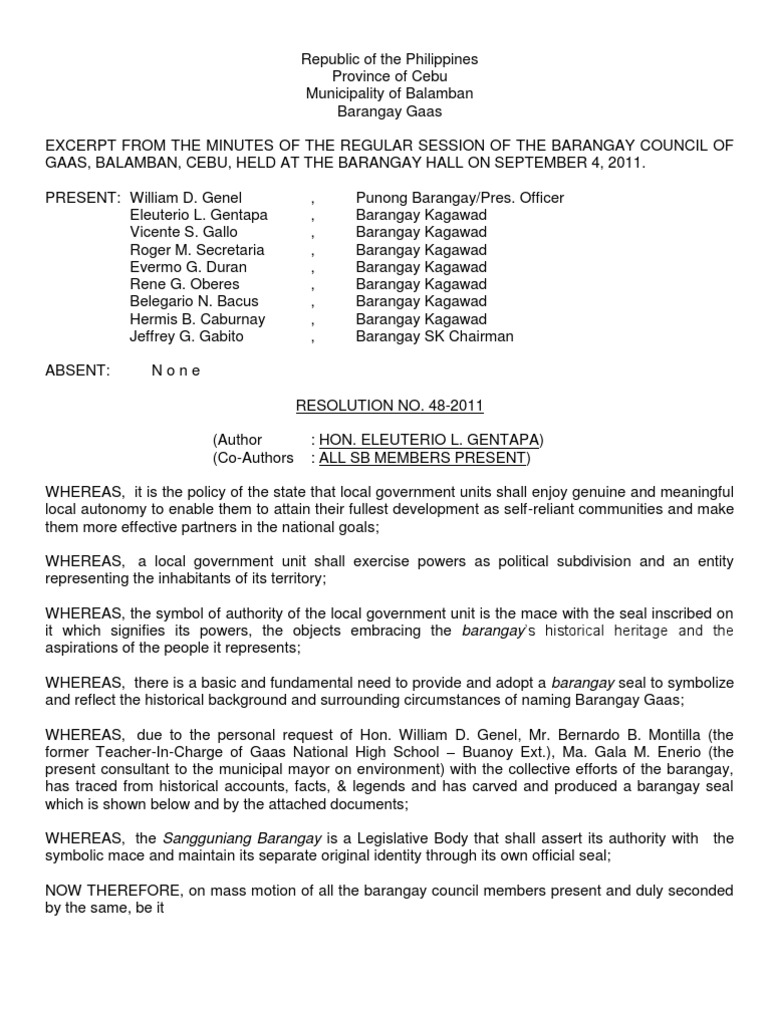 Official Seal of Barangay Gaas Ordinance | PDF | Conservation | Nature