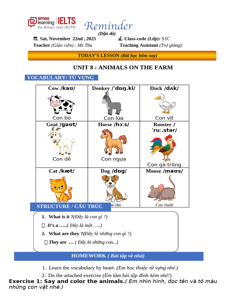 Unit 8: Animals On The Farm: Vocabulary/ T V NG | PDF