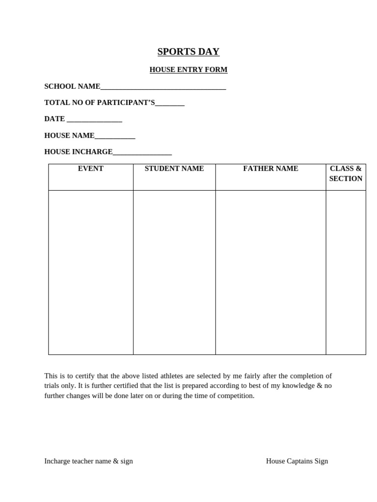 Sports Day Entry Form | PDF