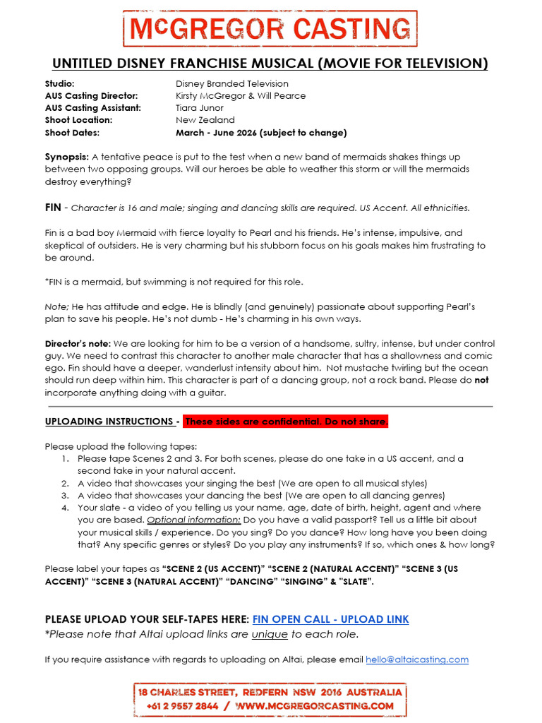 Disney Musical Casting Call for Fin Role | PDF