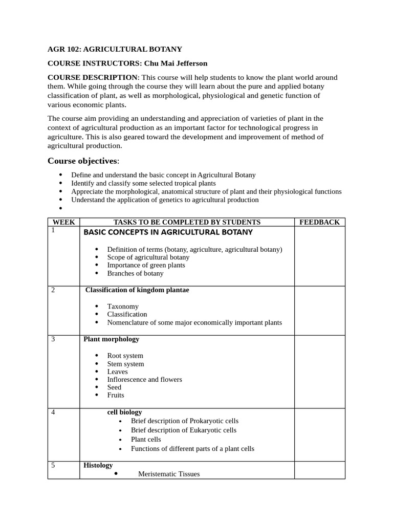 AGR 102 Agricultural Botany Course Outline | PDF | Plants | Botany