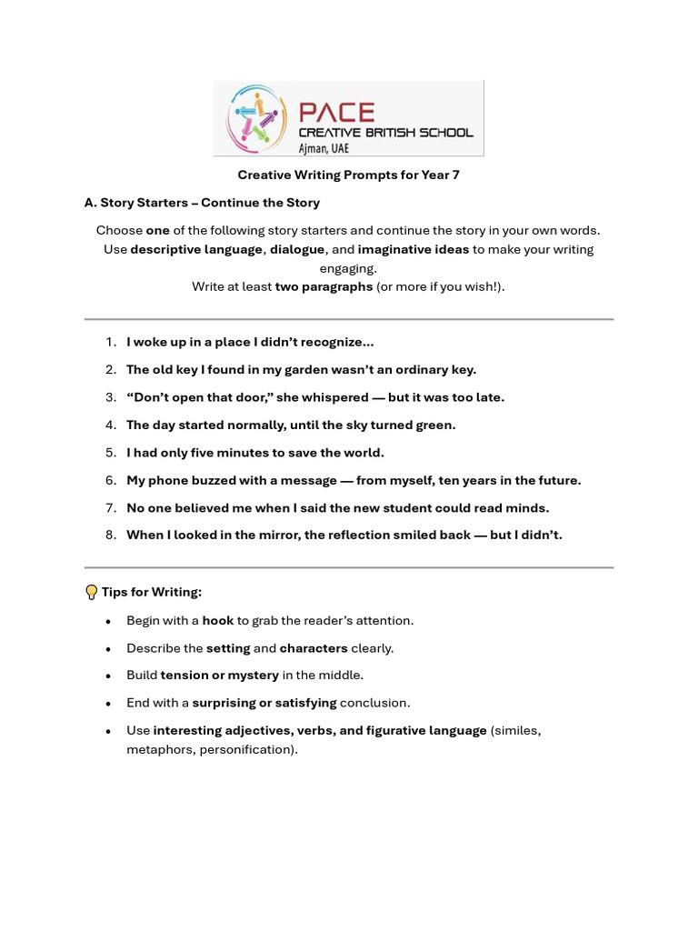 Year 7 Creative Writing Prompts | PDF