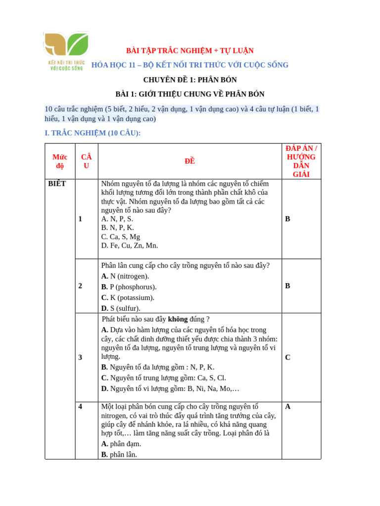 Bài Tập.tv.Bai 1 - Gioi Thieu Chung Ve Phan Bon - Chuyên Đề 1 - Hóa Học 11-Kntt.vt | PDF