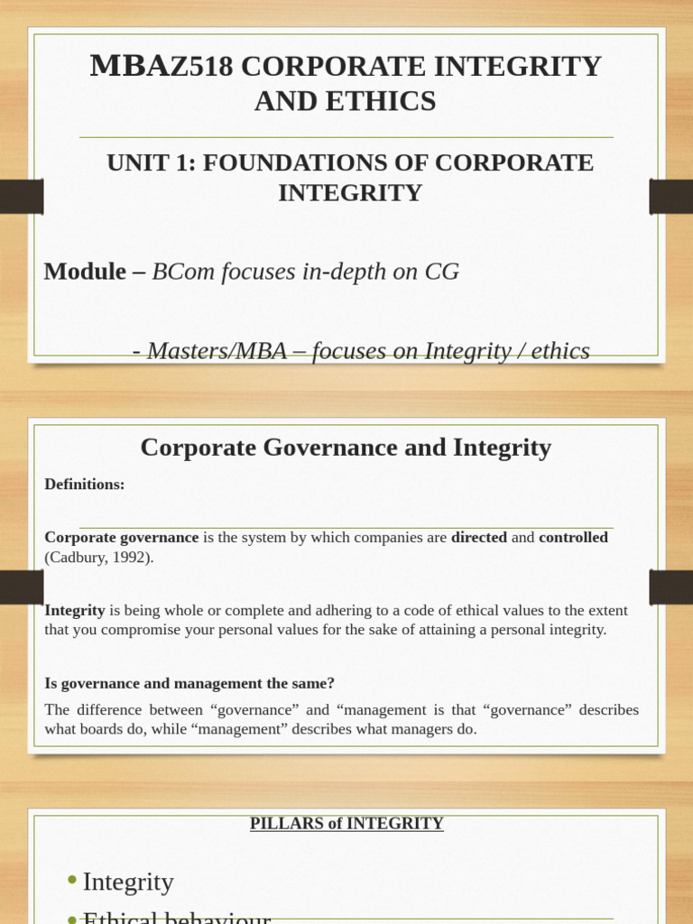 Corporate Integrity and Governance Essentials | PDF | Corporate Social ...