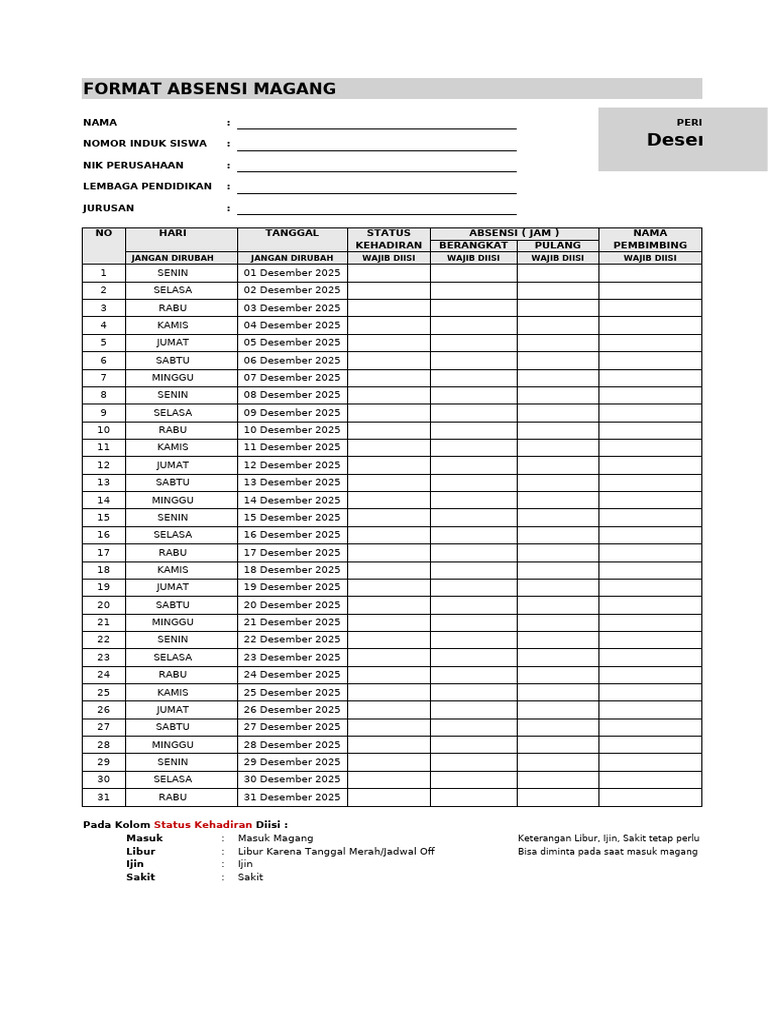 Format Absensi Magang Desember 2025 | PDF