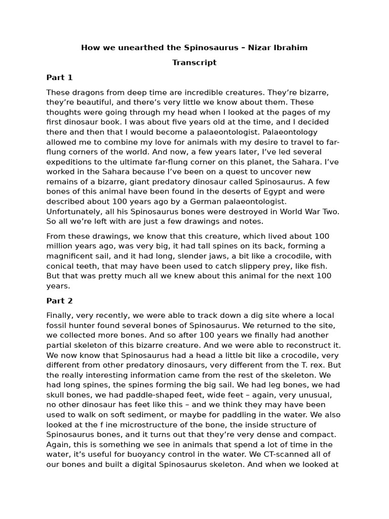 Week 12 - TEDTalk Transcript - How We Unearthed The Spinosaurus | PDF ...
