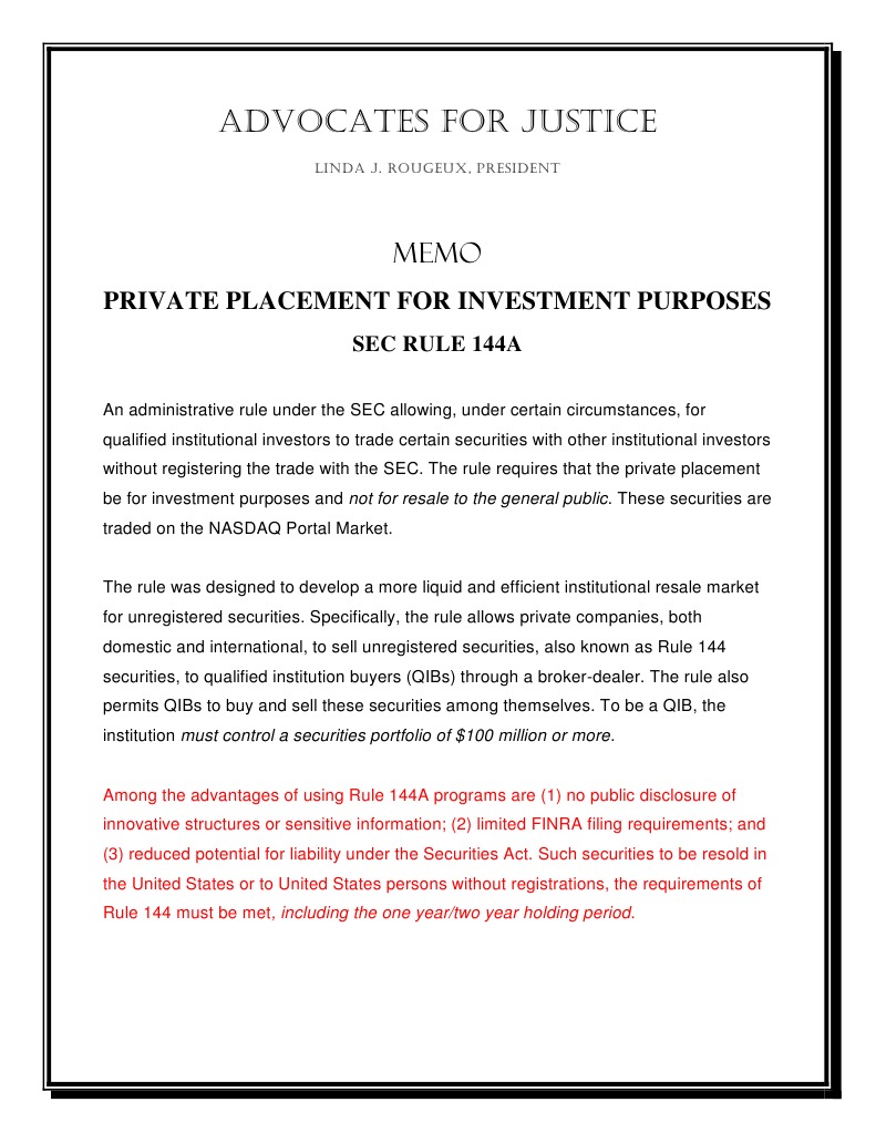 SEC Rule 144A - Private Placement For Investment Purposes | PDF ...