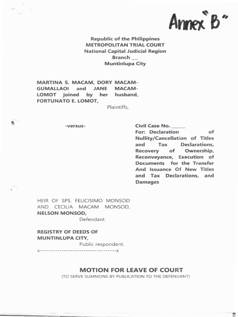 Annex B_Motion for Leave of Court_ Civil Case No. MeTC-M-7899-CV | PDF