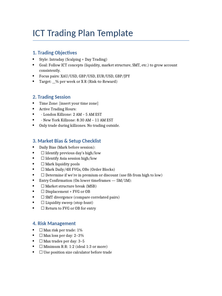 ICT Trading Plan Template | PDF
