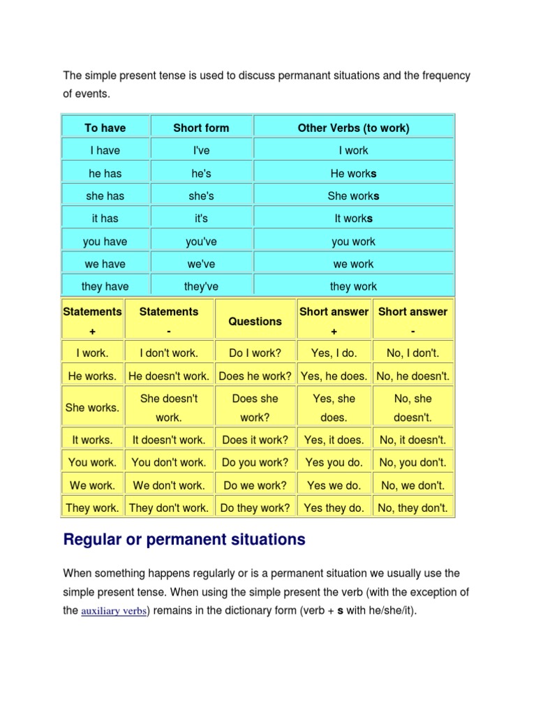 Regular or Permanent Situations: To Have Short Form Other Verbs (To ...