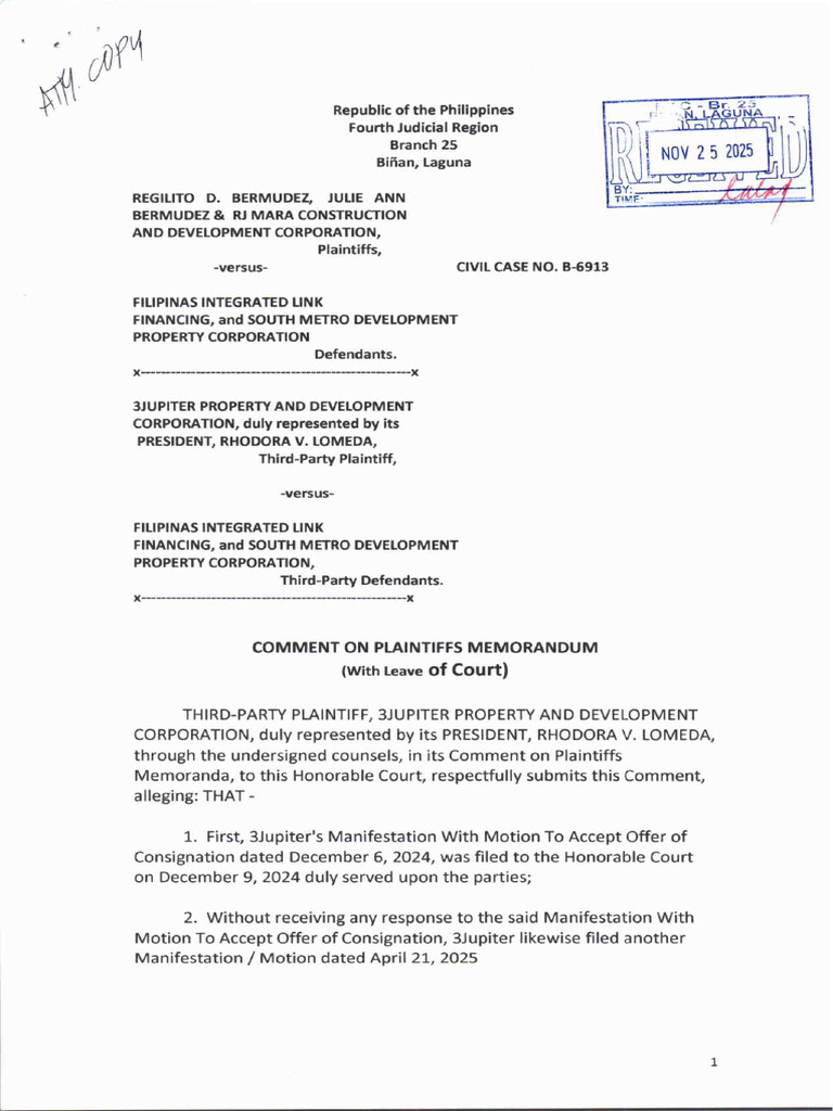 Comment On The Plaintiffs' Memorandum With Leave of Court | PDF