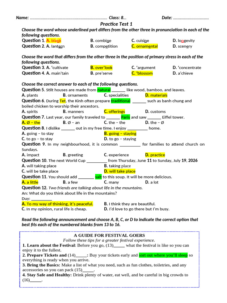 8A 8H1 Practice Test 1 KEY | PDF | English Language