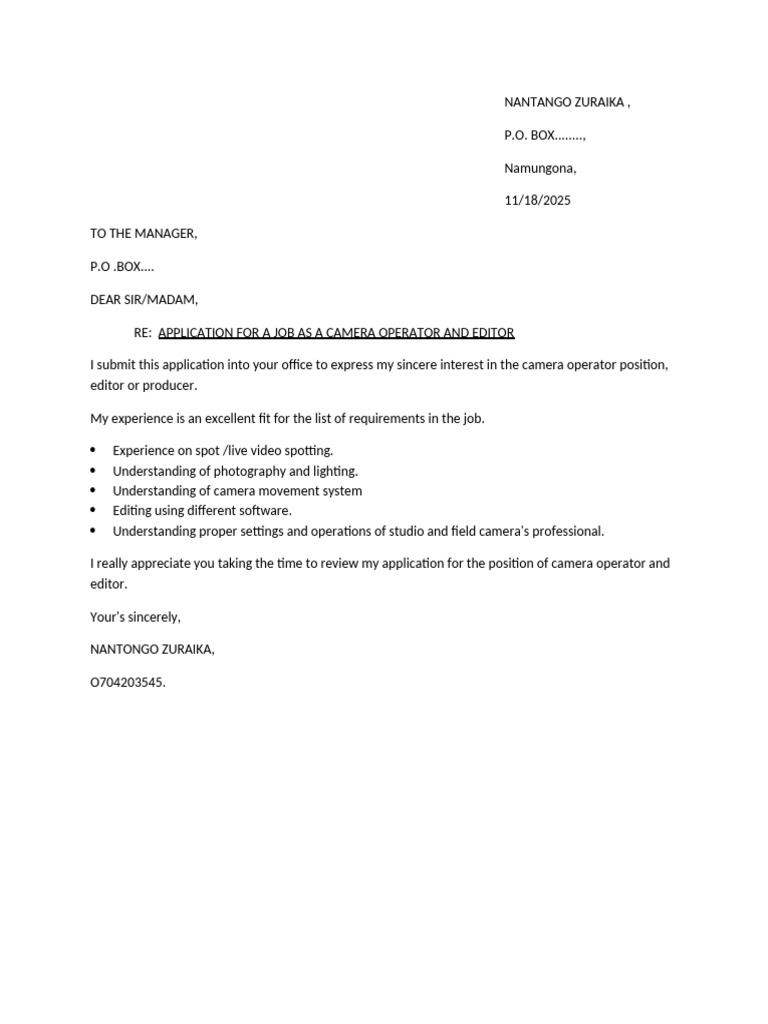 Job Application for Camera Operator Position | PDF