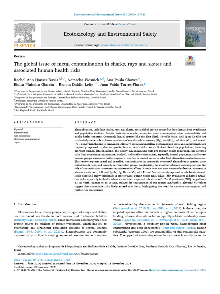 Metal Contamination in Sharks and Health Risks | PDF | Sharks | Selenium