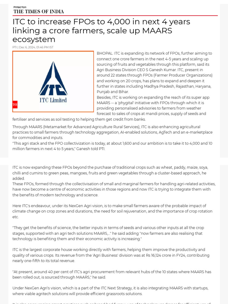 ITC Expands FPOs to Connect 1 Crore Farmers | PDF | Agriculture | Food ...
