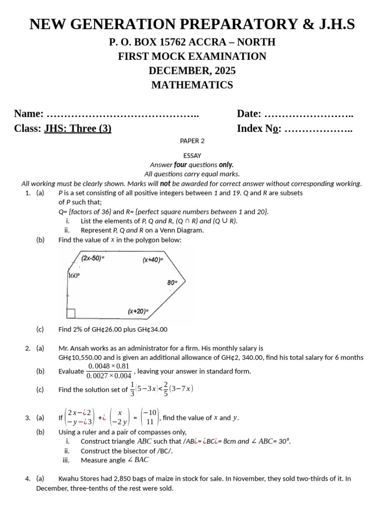 JHS Mathematics Mock Exam December 2025 | PDF | Mathematics | Discrete ...