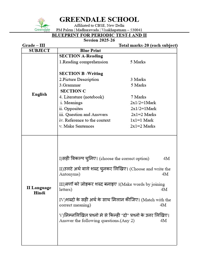 Grade 3 Periodic Test - 1 Blue Print Paper 2025-26 | PDF