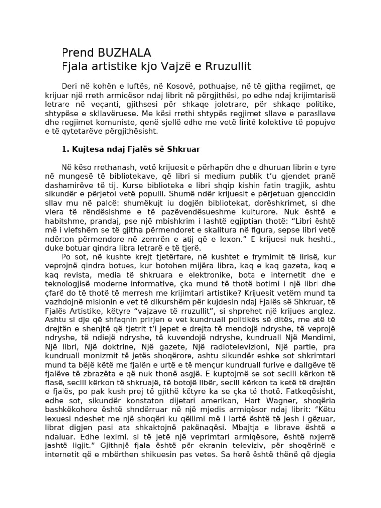Prend BUZHALA - Fjala Artistike Kjo Vajzë e Rruzullit, - Ese | PDF