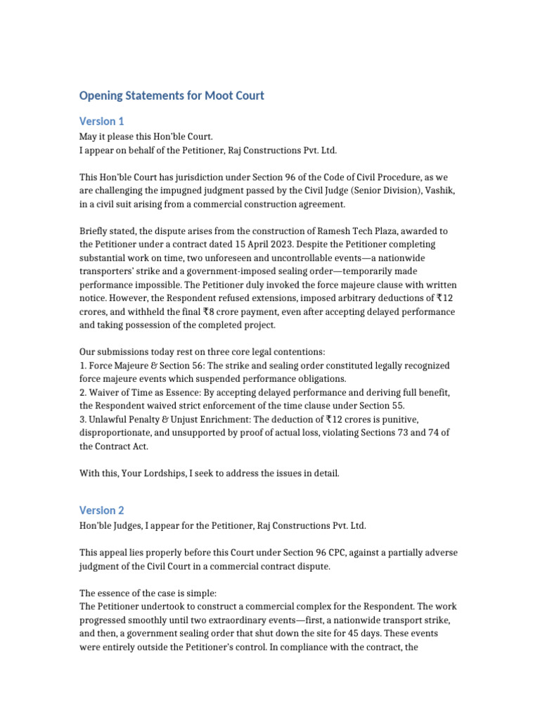 Moot Court Opening Statements: Raj Constructions Case | PDF | Judgment ...