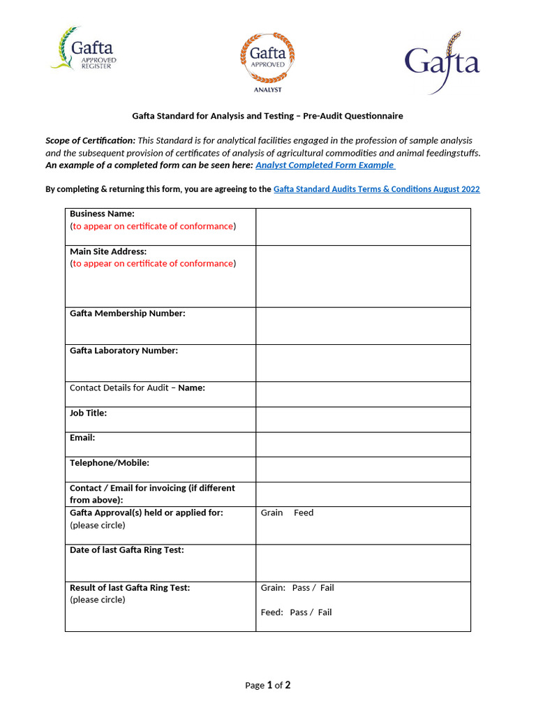 Gafta Pre-Audit Questionnaire for Analysts | PDF | Audit
