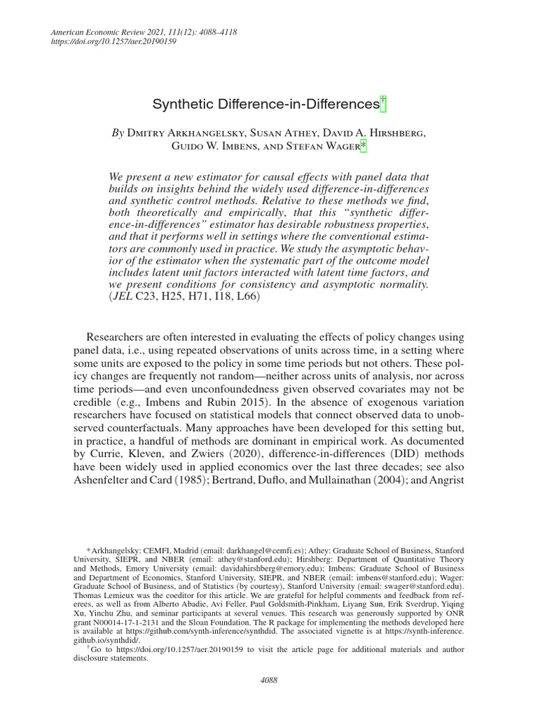 Arkhangelsky 2021 Synthetic Difference in Differences | PDF | Fixed ...