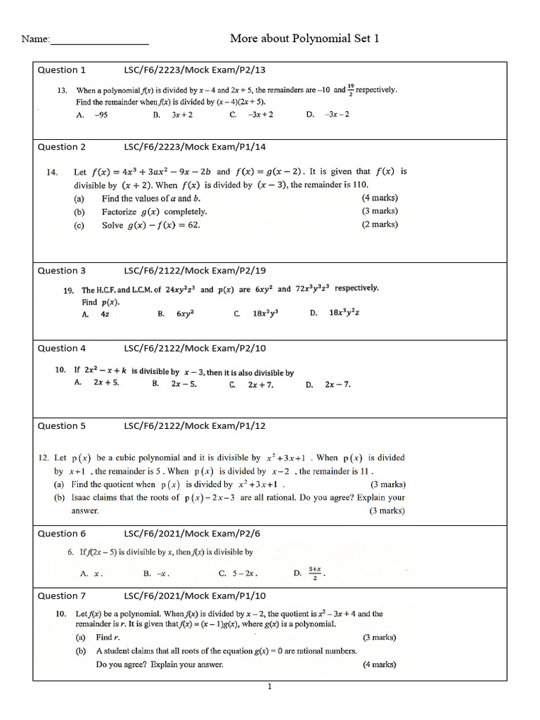 More About Polynomial (Set1) | PDF