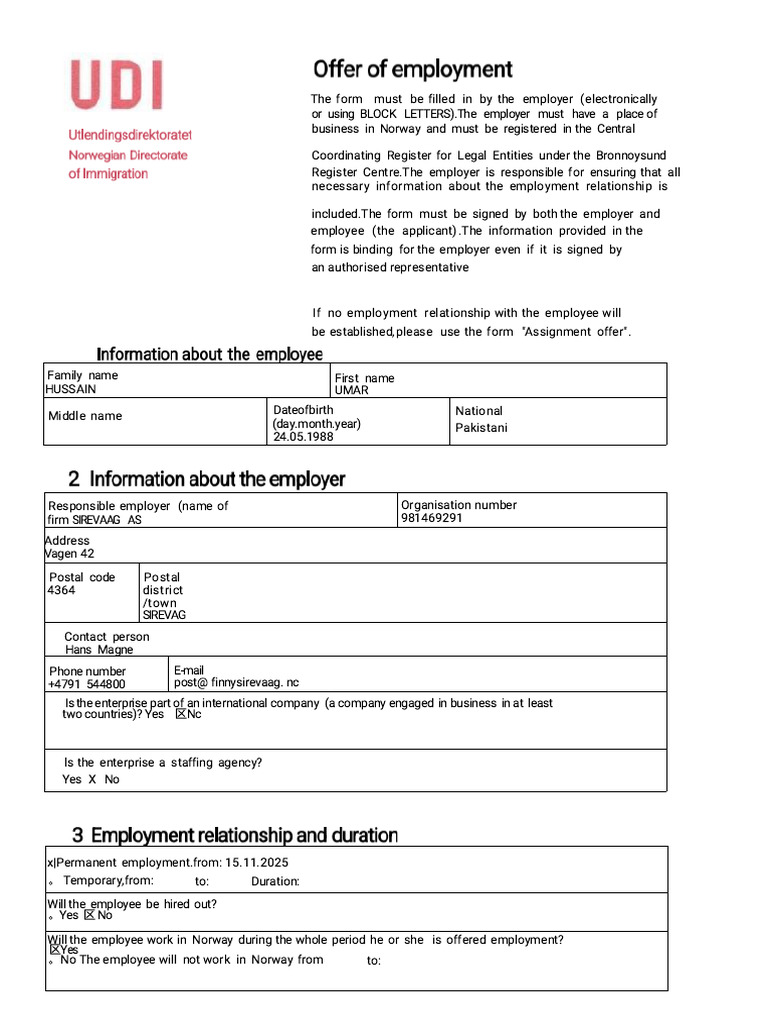 Norway - UDI Offer of Employment-Umar | PDF | Employment | Working Time